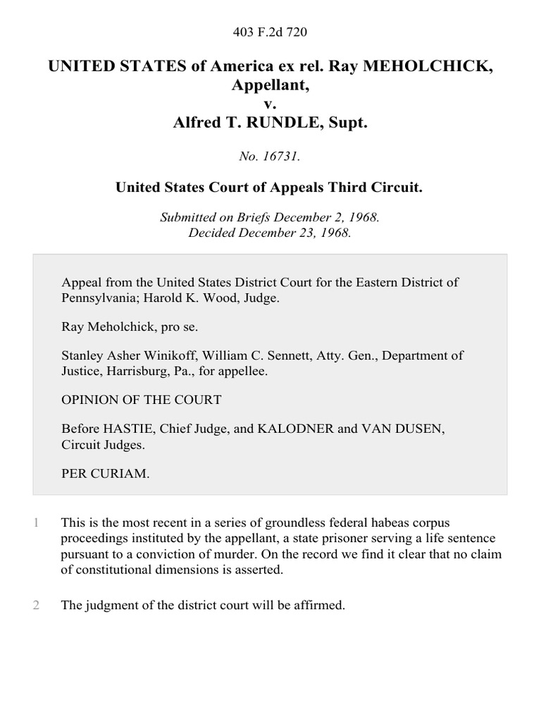 United States of America Ex Rel. Ray Meholchick v. Alfred T. Rundle ...