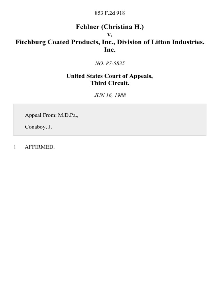 Fehlner (Christina H.) v. Fitchburg Coated Products, Inc., Division of ...