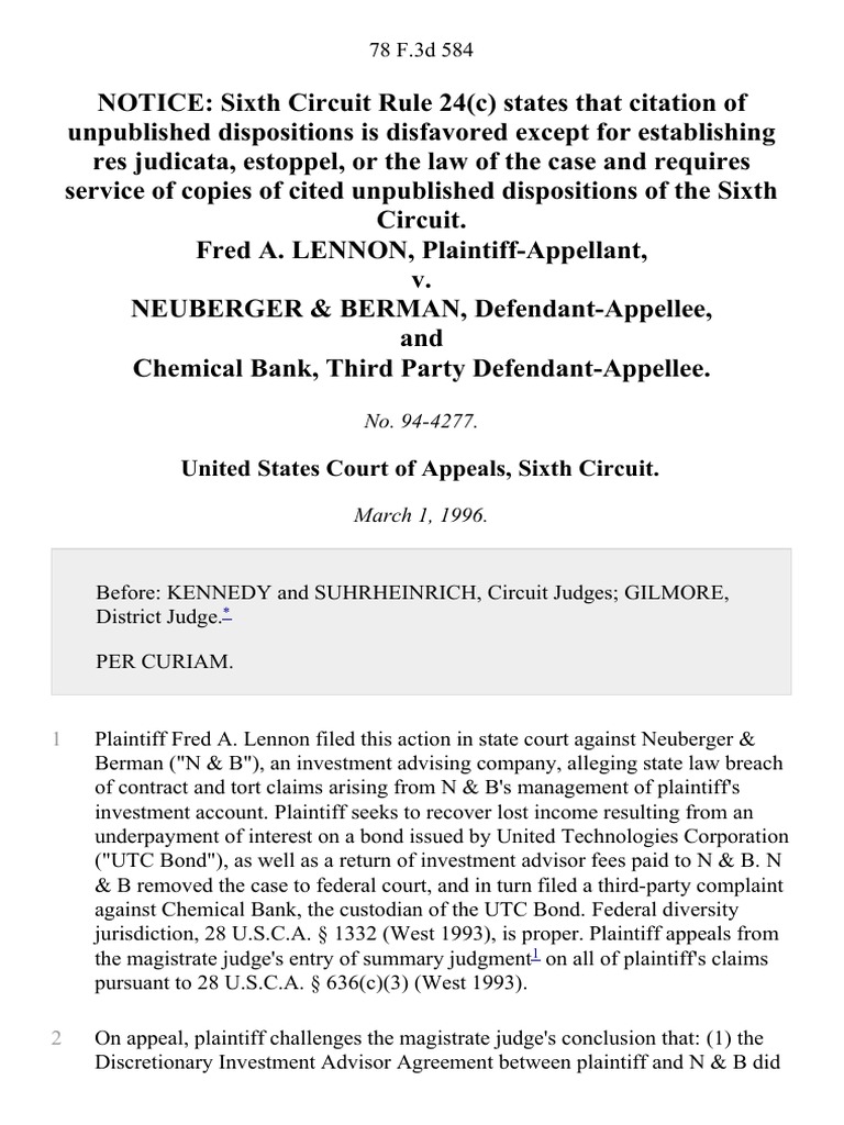 Fred A. Lennon v. Neuberger & Berman, and Chemical Bank, Third Party ...