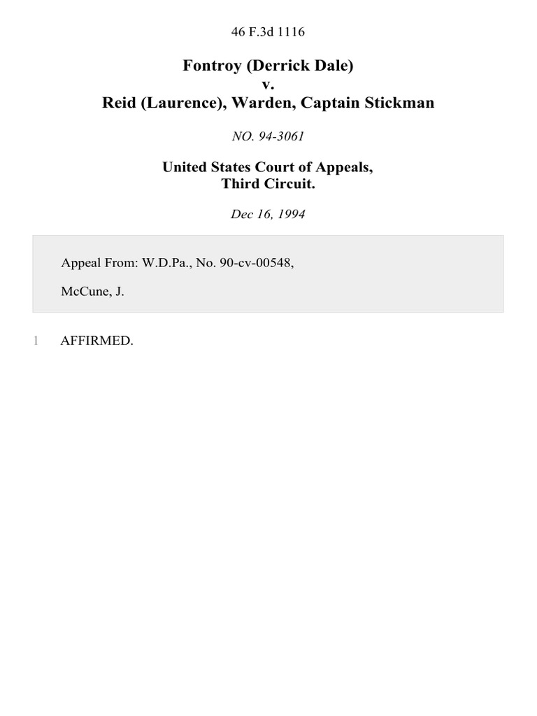 Fontroy (Derrick Dale) v. Reid (Laurence), Warden, Captain Stickman, 46 ...