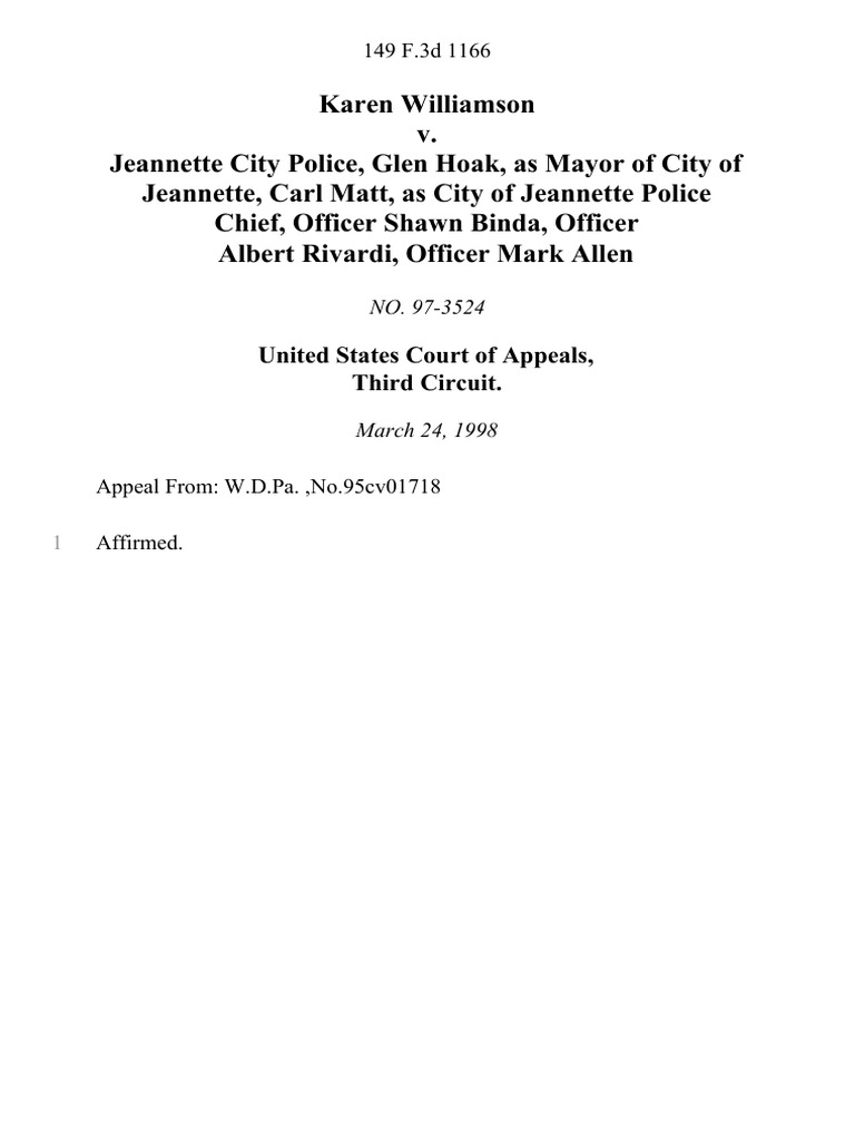 Karen Williamson v. Jeannette City Police, Glen Hoak, as Mayor of City ...