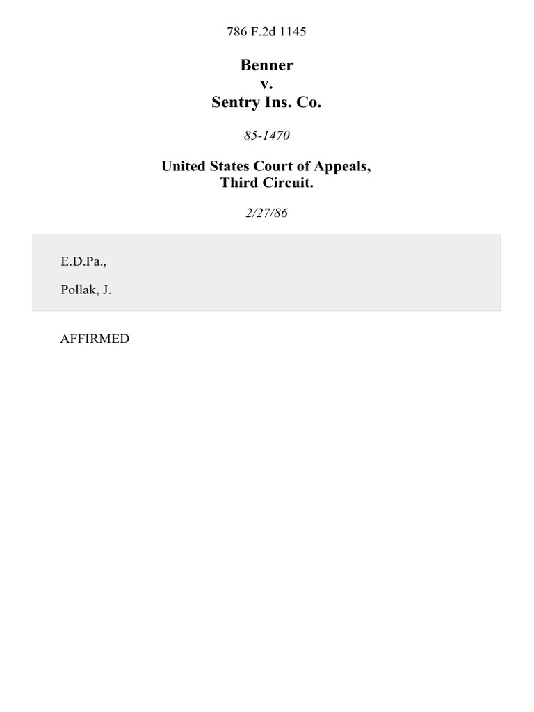 Benner v. Sentry Ins. Co, 786 F.2d 1145, 3rd Cir. (1986) | PDF | Law