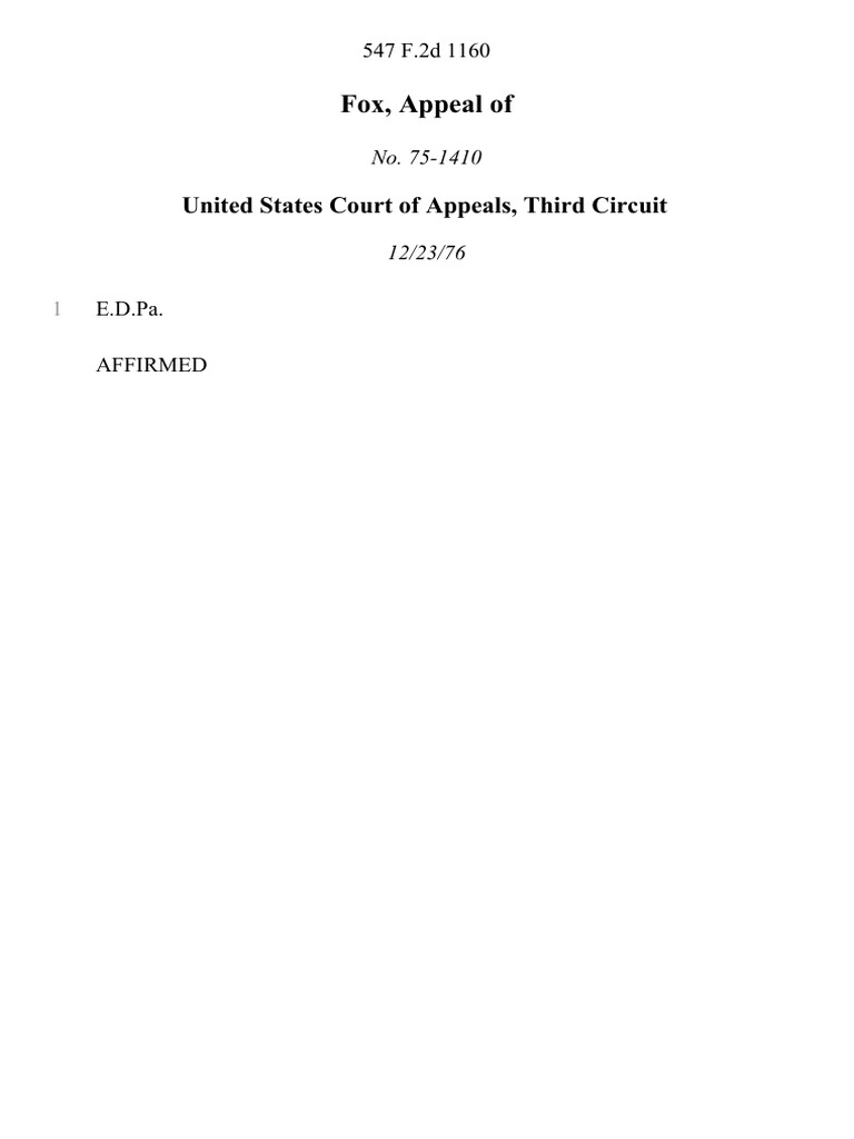 Fox, Appeal Of, 547 F.2d 1160, 3rd Cir. (1976) | PDF