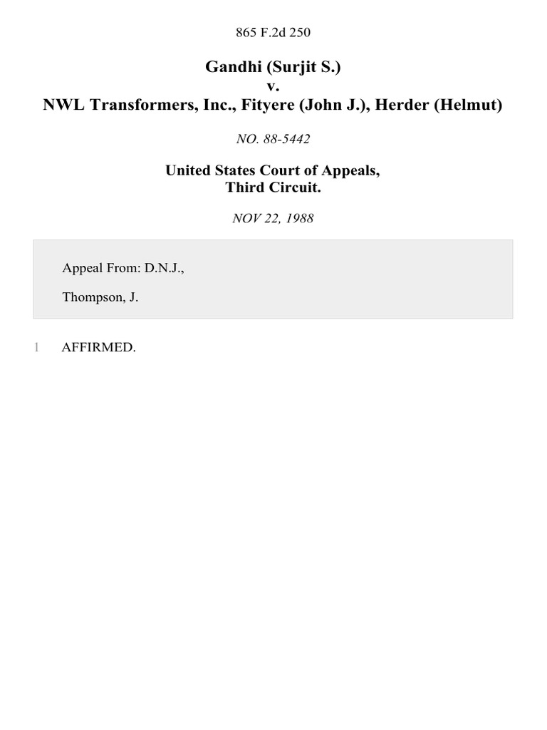 Gandhi (Surjit S.) v. NWL Transformers, Inc., Fityere (John J.), Herder ...
