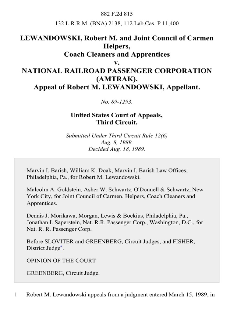 Lewandowski, Robert M. And Joint Council of Carmen Helpers, Coach ...