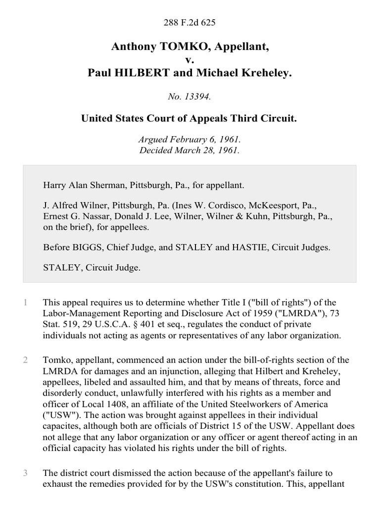 Anthony Tomko v. Paul Hilbert and Michael Kreheley, 288 F.2d 625, 3rd ...