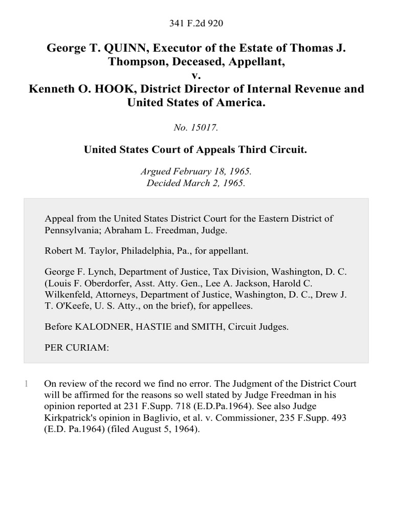 George T. Quinn, of The Estate of Thomas J. Thompson, Deceased v ...