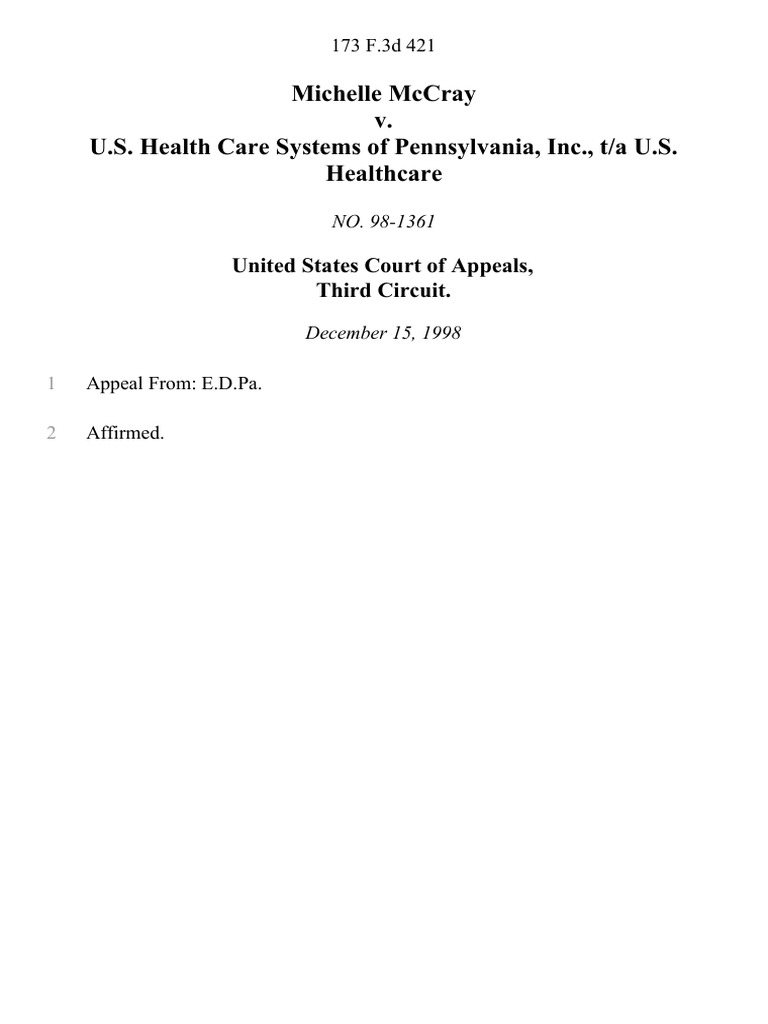 Michelle McCray v. U.S. Health Care Systems of Pennsylvania, Inc., T/a ...