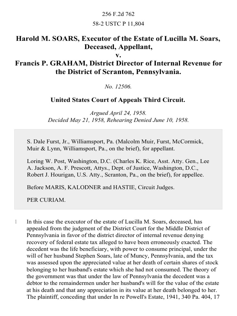 Harold M. Soars, of The Estate of Lucilla M. Soars, Deceased v. Francis ...