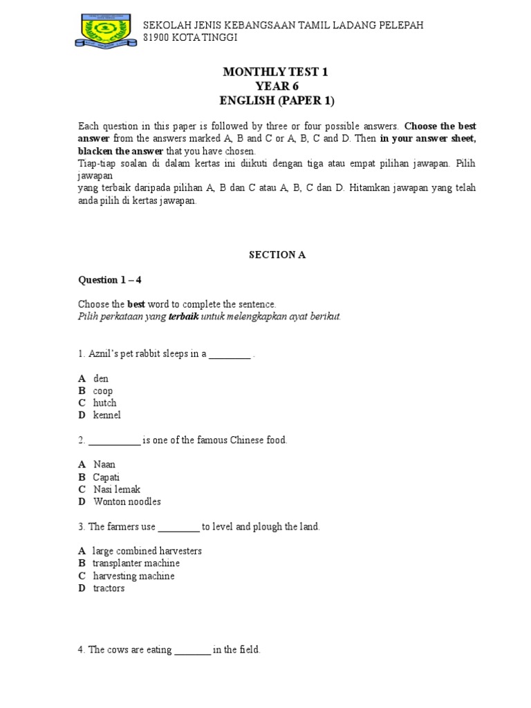 Year 6 English Monthly Test Paper | PDF | Horticulture And Gardening ...