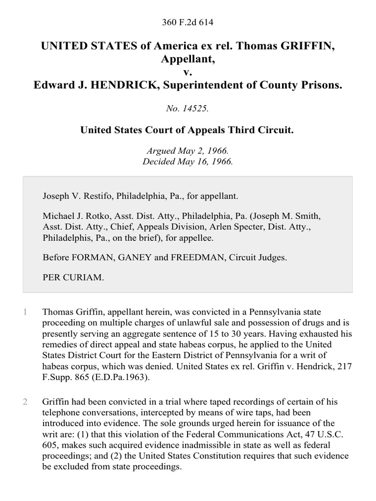 United States of America Ex Rel. Thomas Griffin v. Edward J. Hendrick ...