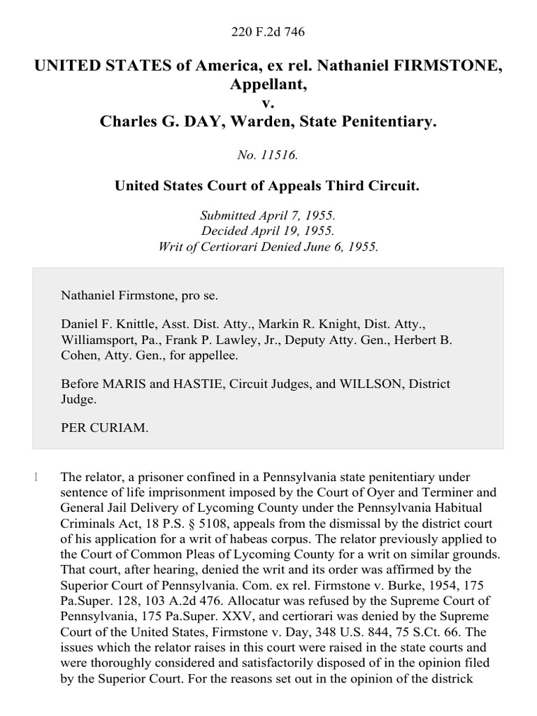 United States of America, Ex Rel. Nathaniel Firmstone v. Charles G. Day ...