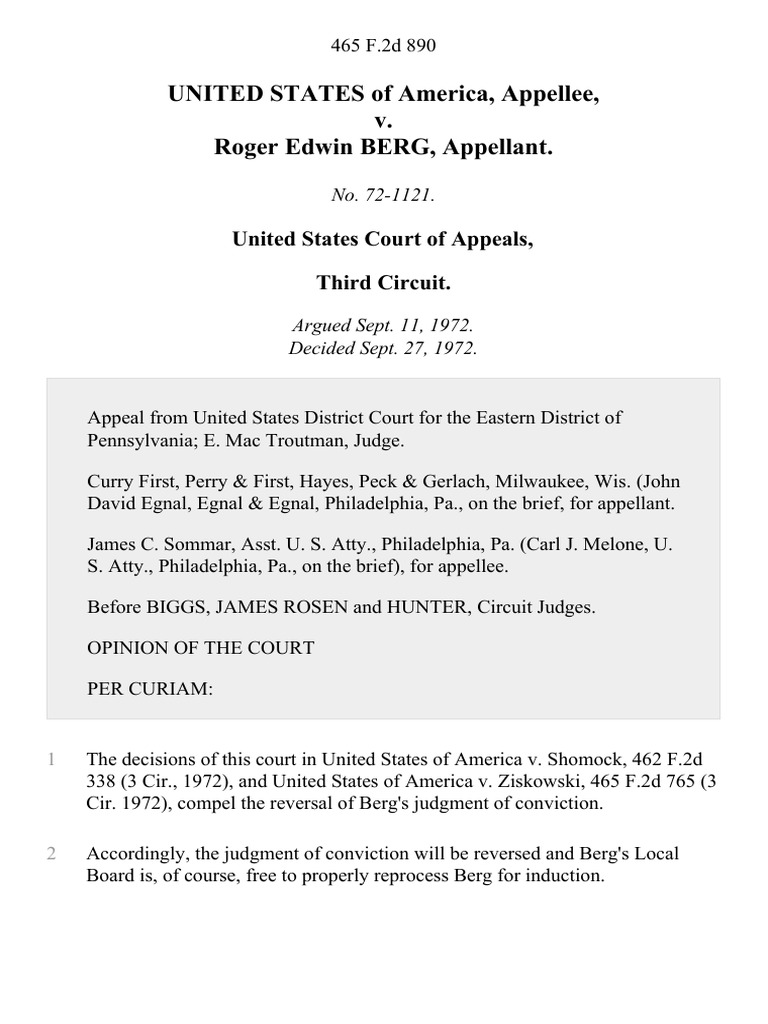 United States v. Roger Edwin Berg, 465 F.2d 890, 3rd Cir. (1972) | PDF