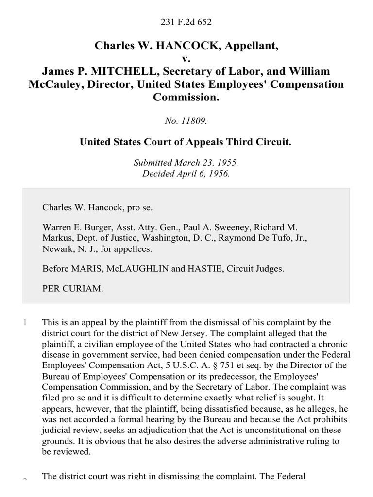 Charles W. Hancock v. James P. Mitchell, Secretary of Labor, and ...