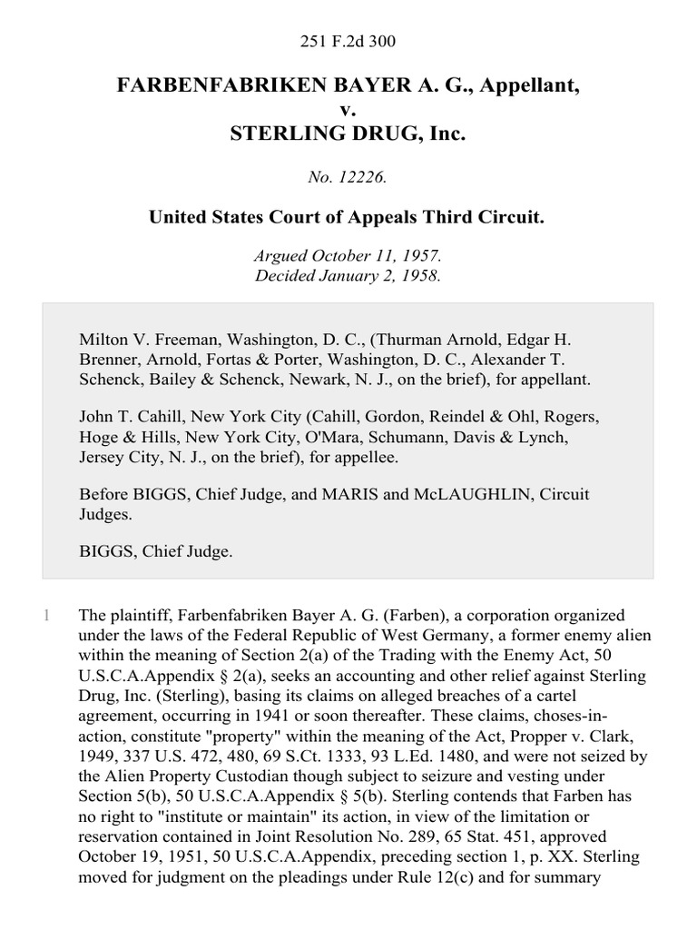 Farbenfabriken Bayer A. G. v. Sterling Drug, Inc, 251 F.2d 300, 3rd Cir ...