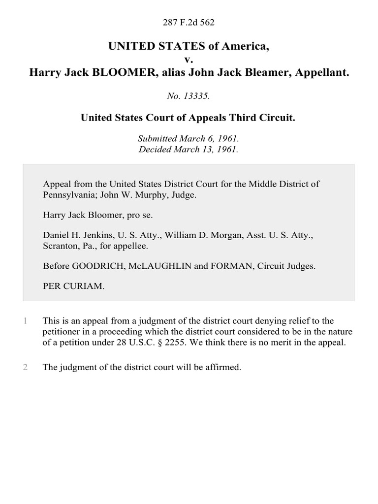 United States v. Harry Jack Bloomer, Alias John Jack Bleamer, 287 F.2d ...