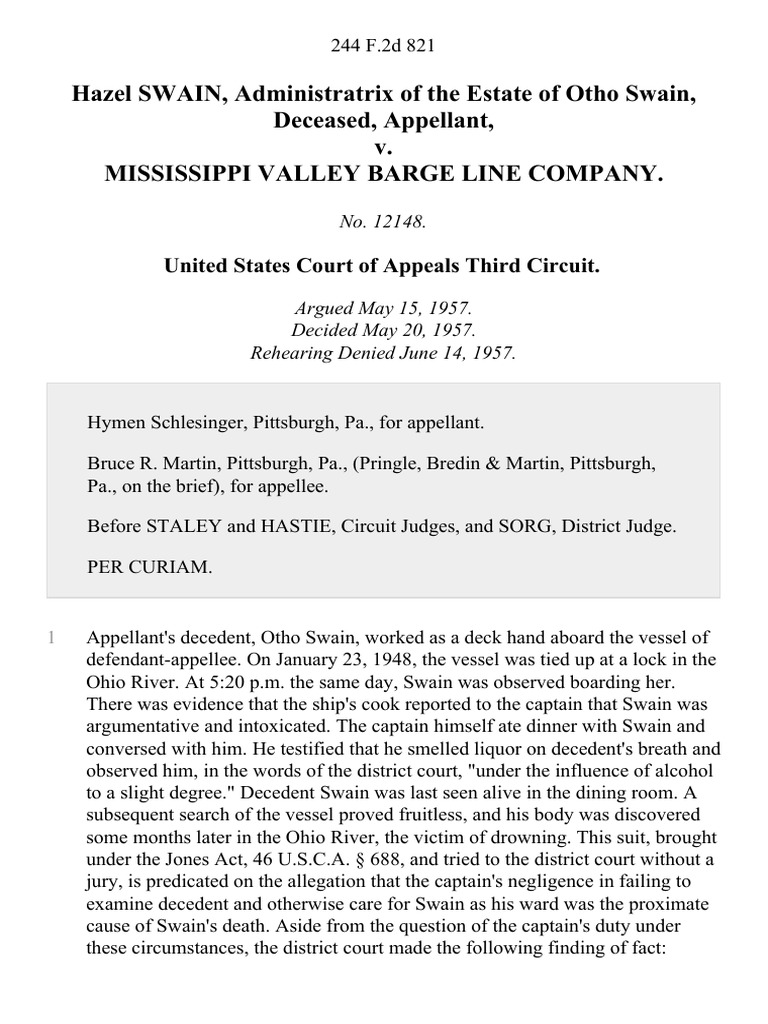 Hazel SWAIN, Administratrix of The Estate of Otho Swain, Deceased ...