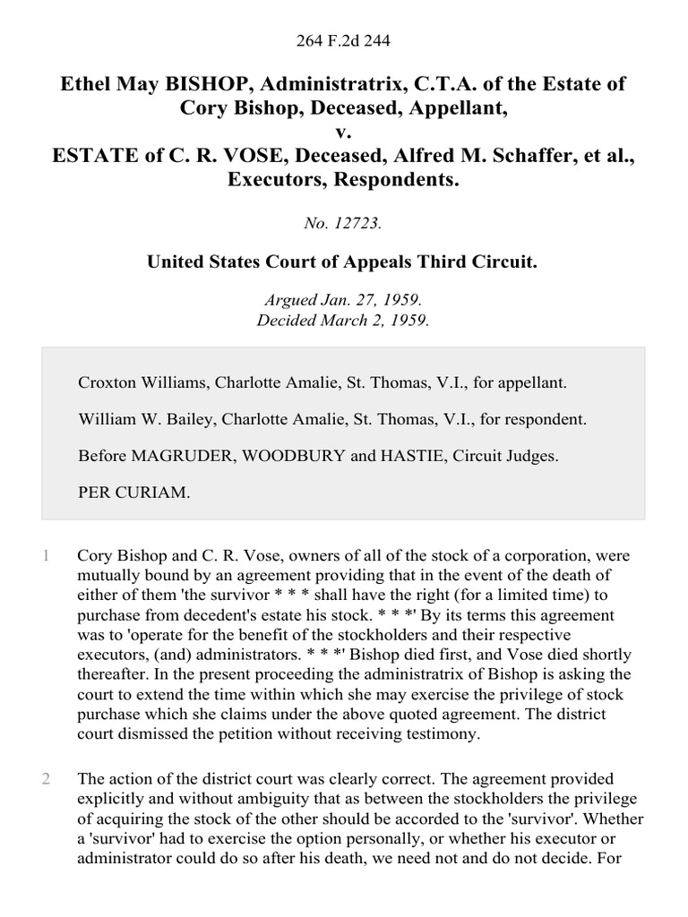 Ethel May Bishop, Administratrix, C.T.A. of The Estate of Cory Bishop ...