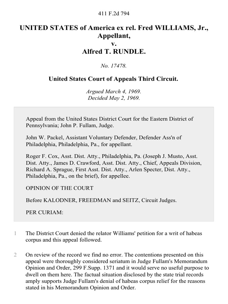 United States of America Ex Rel. Fred Williams, Jr. v. Alfred T. Rundle ...