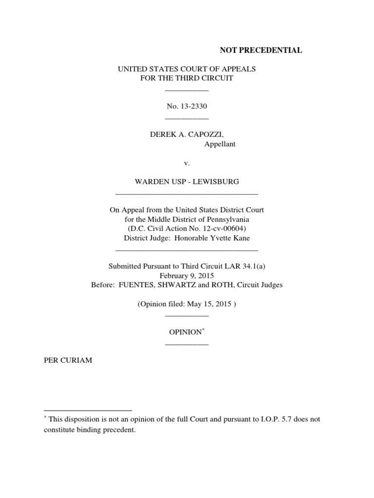 Derek Capozzi v. USP Lewisburg Warden, 3rd Cir. (2015) | Federal Bureau ...