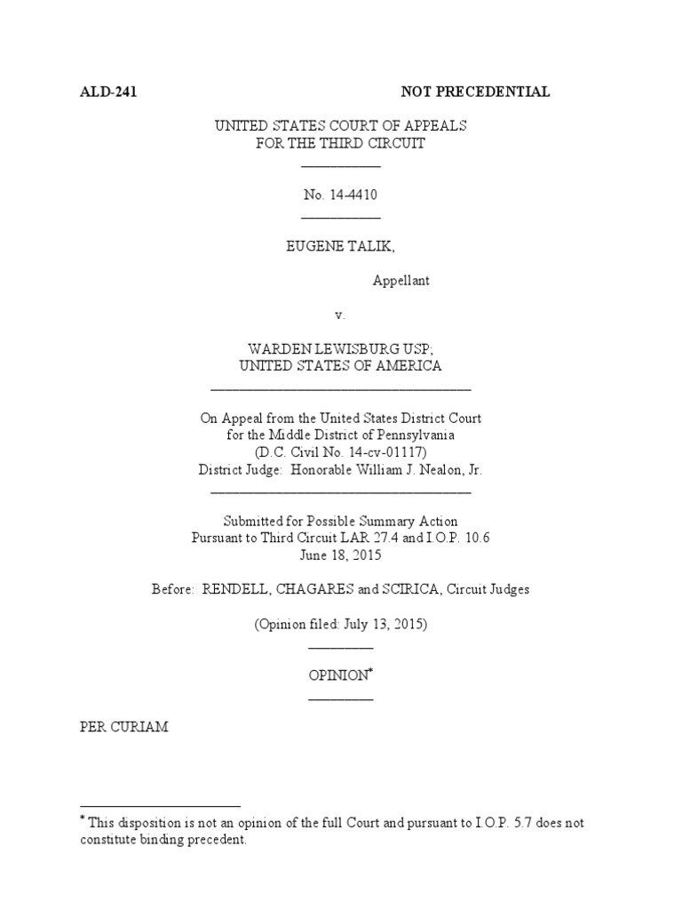 Eugene Talik v. Warden Lewisburg USP, 3rd Cir. (2015) | PDF | Mandatory ...