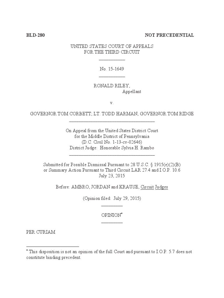 Ronald Riley v. Thomas Corbett, JR., 3rd Cir. (2015) | PDF | Ex Post ...