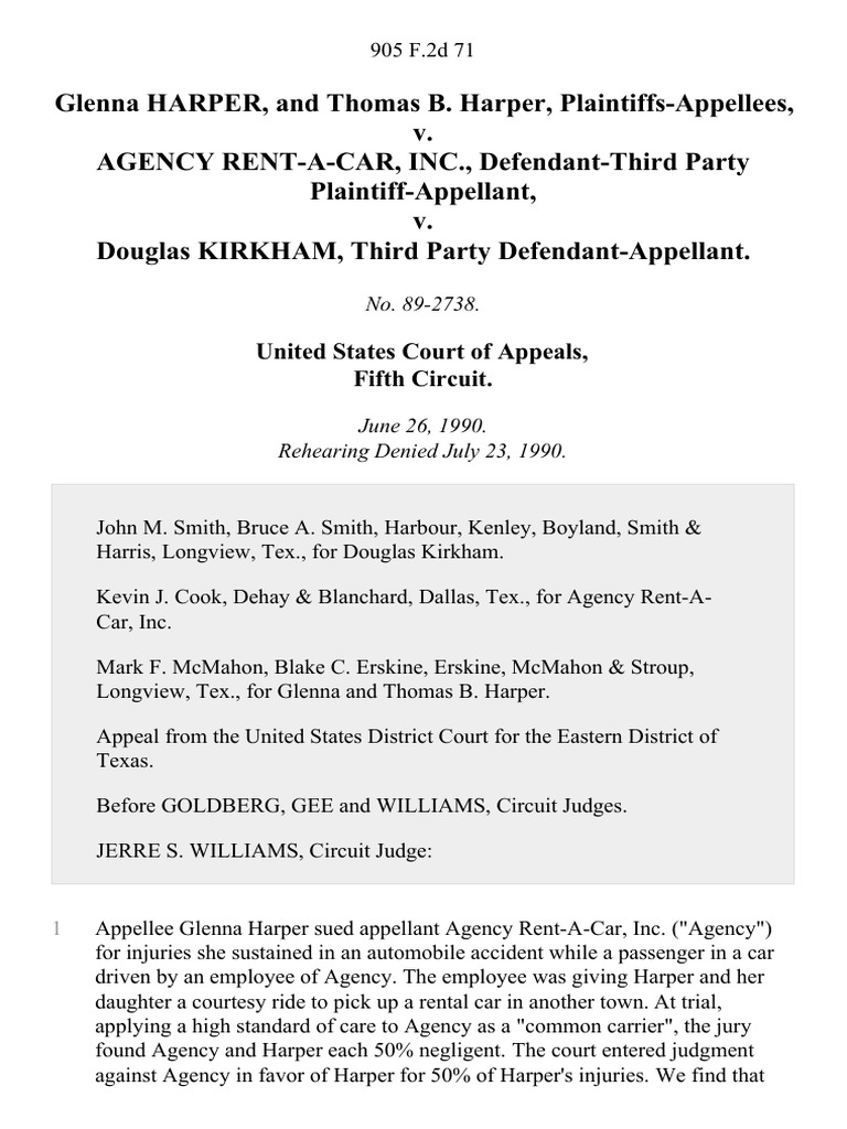 Glenna Harper, and Thomas B. Harper v. Agency Rent-A-Car, Inc ...