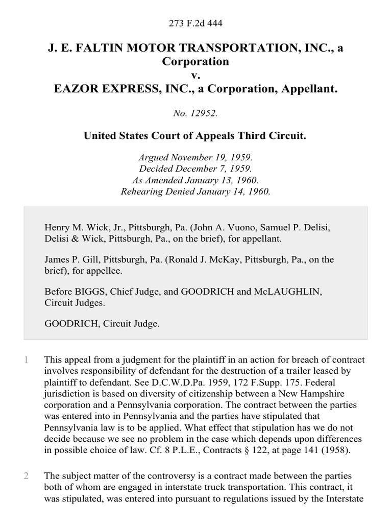 J. E. Faltin Motor Transportation, Inc., A Corporation v. Eazor Express ...