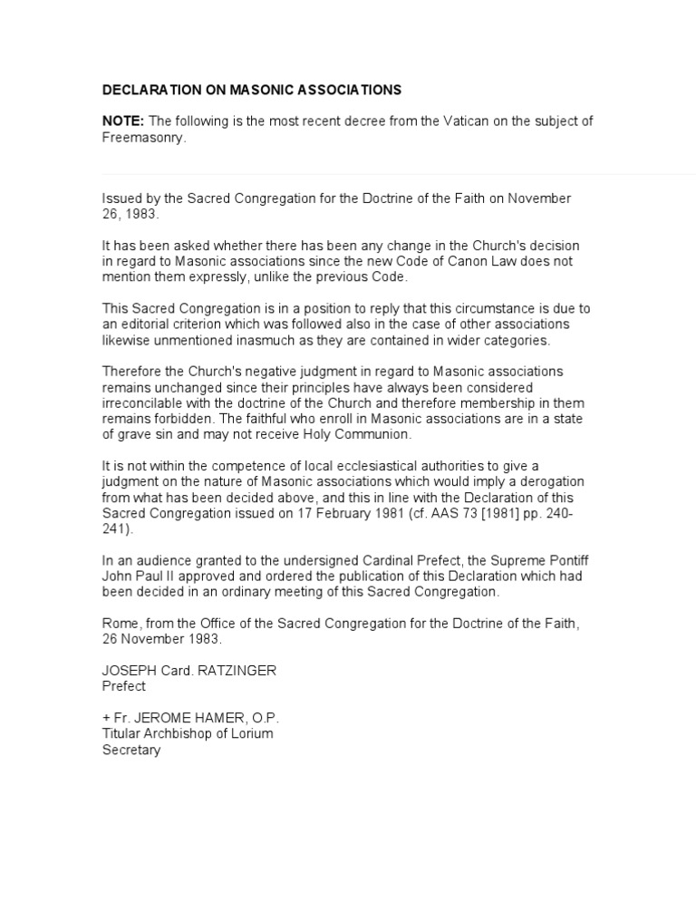 Masons - 1983 Vatican Declaration On Masonic Associations | PDF