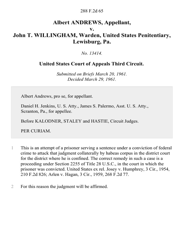 Albert ANDREWS, Appellant, v. John T. WILLINGHAM, Warden, United States ...