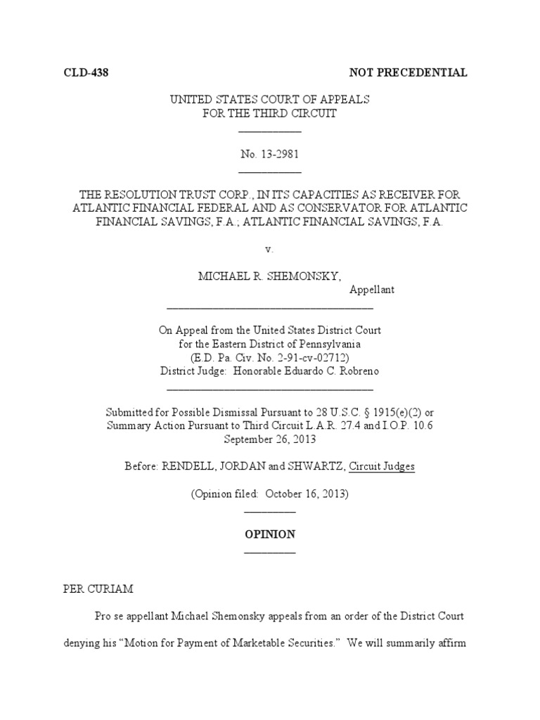 Resolution Trust Corp v. Michael Shemonsky, 3rd Cir. (2013) | PDF ...