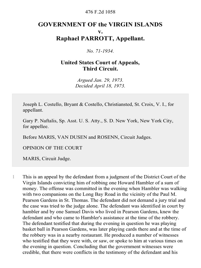 Government of The Virgin Islands v. Raphael Parrott, 476 F.2d 1058, 3rd ...