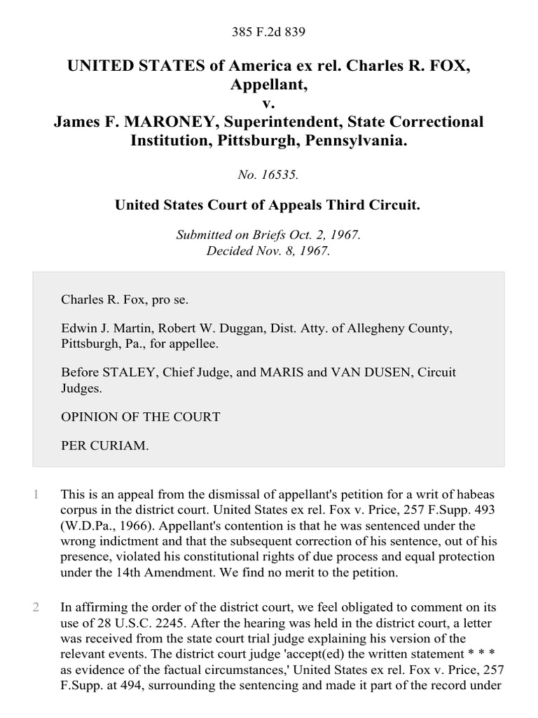 United States of America Ex Rel. Charles R. Fox v. James F. Maroney ...