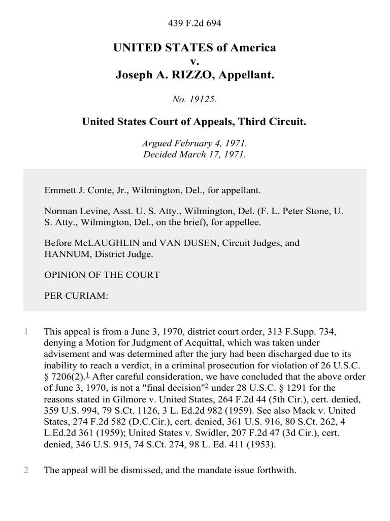 United States v. Joseph A. Rizzo, 439 F.2d 694, 3rd Cir. (1971) | PDF ...