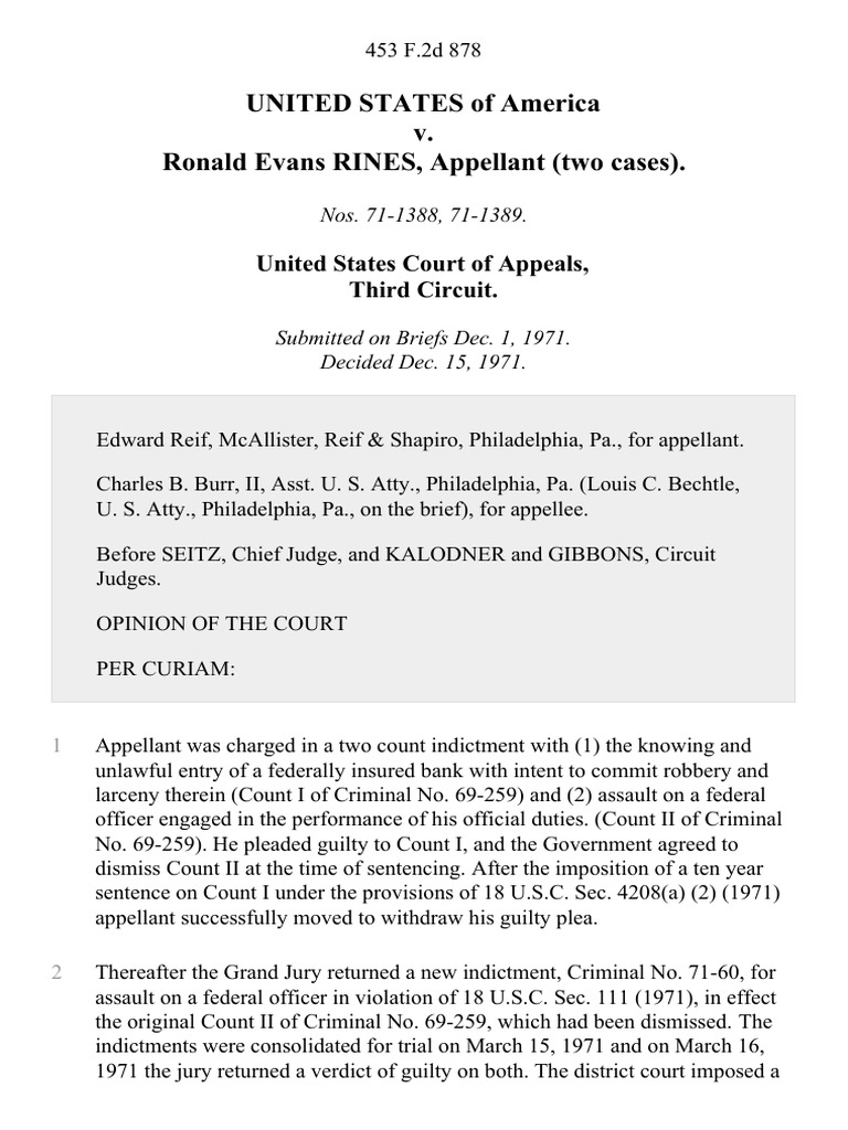 United States v. Ronald Evans Rines, (Two Cases), 453 F.2d 878, 3rd Cir ...