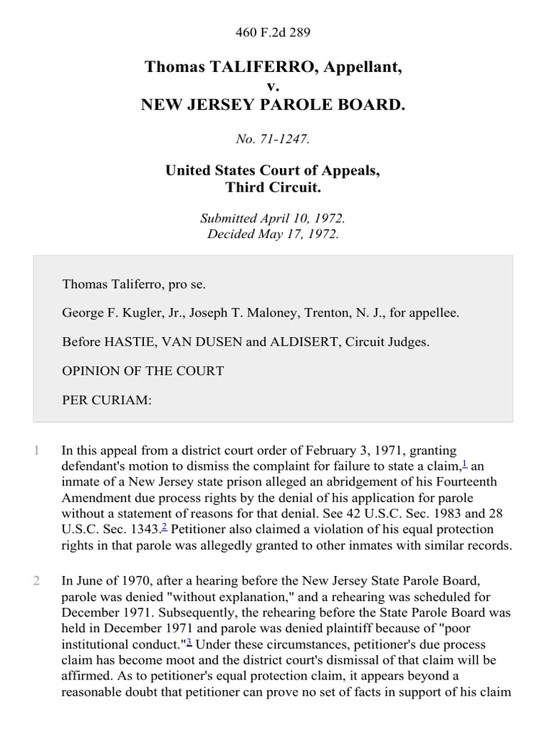 Thomas Taliferro v. New Jersey Parole Board, 460 F.2d 289, 3rd Cir ...