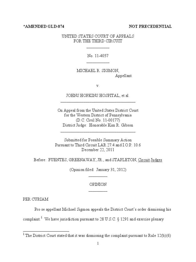 Michael Sigmon v. Johns Hopkins Hosp, 3rd Cir. (2012) | PDF | Complaint ...