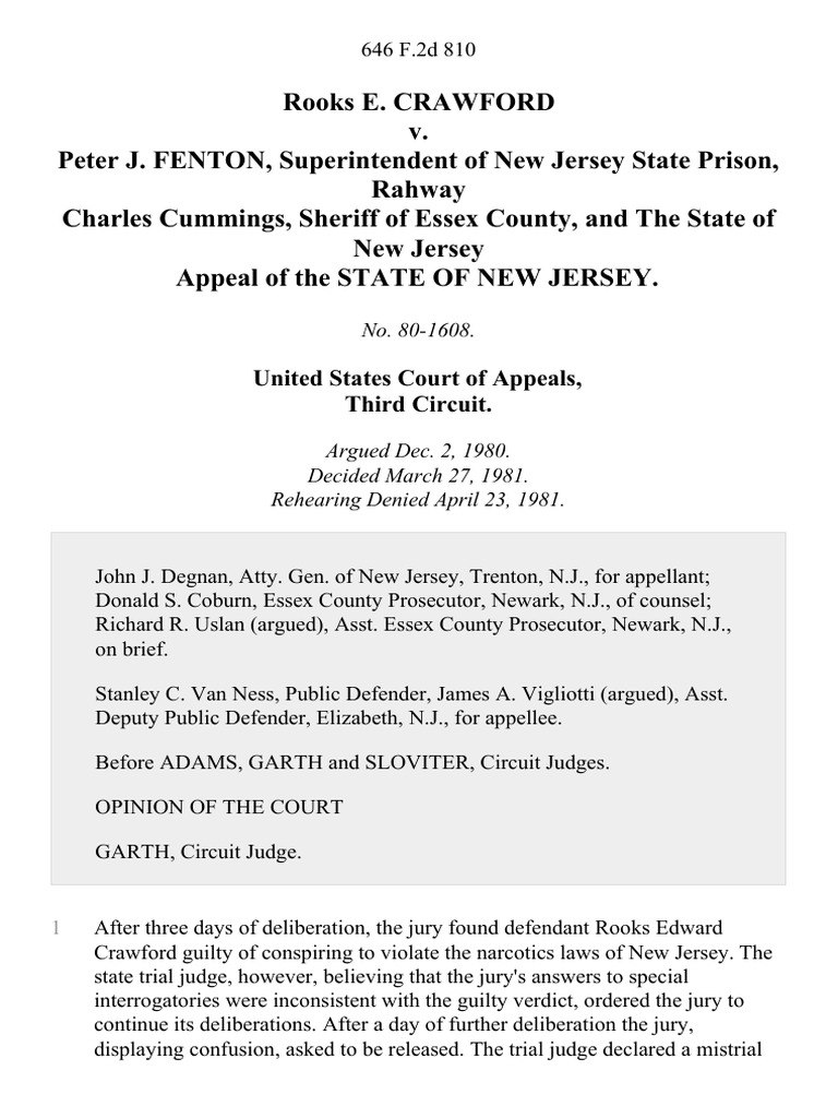 Rooks E. Crawford v. Peter J. Fenton, Superintendent of New Jersey ...