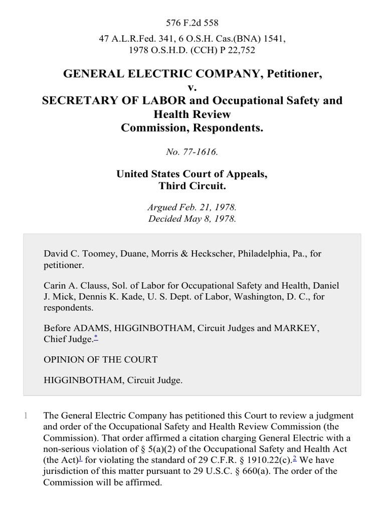 General Electric Company v. Secretary of Labor and Occupational Safety ...