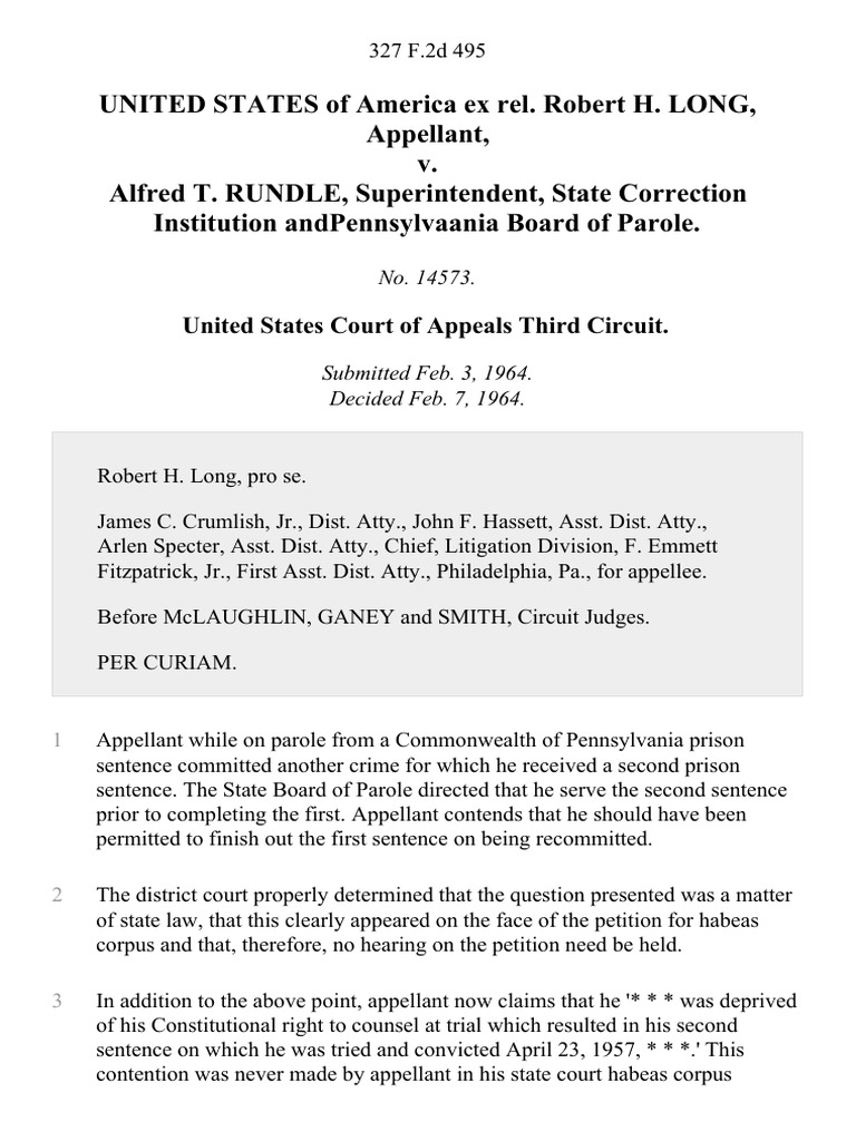United States of America Ex Rel. Robert H. Long v. Alfred T. Rundle ...