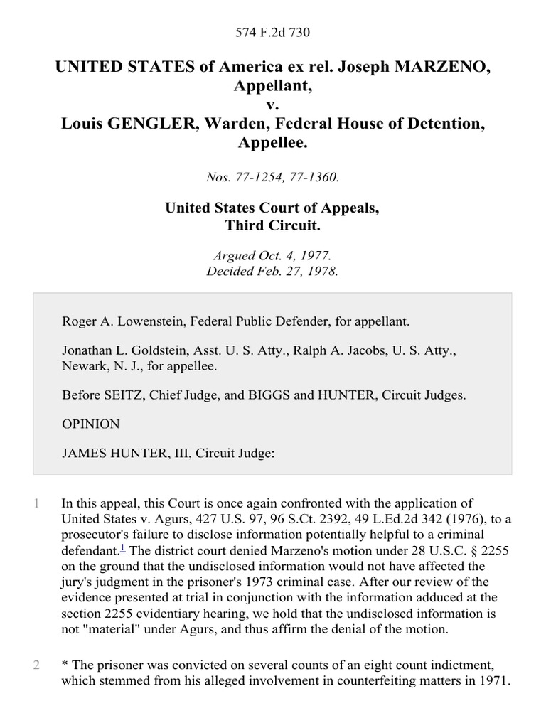 United States of America Ex Rel. Joseph Marzeno v. Louis Gengler ...