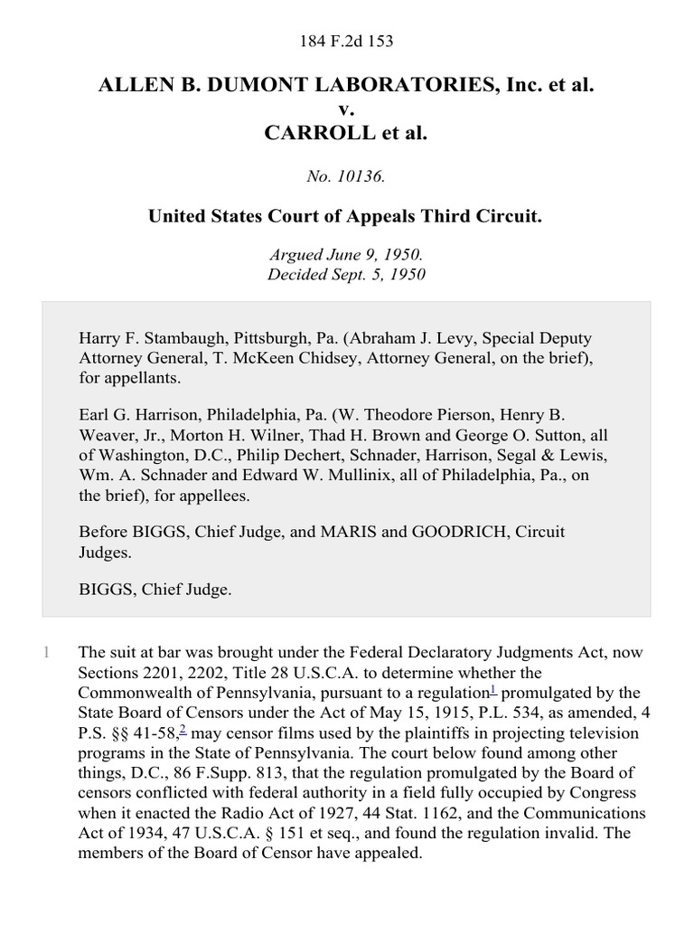 Allen B. Dumont Laboratories, Inc. v. Carroll, 184 F.2d 153, 3rd Cir ...