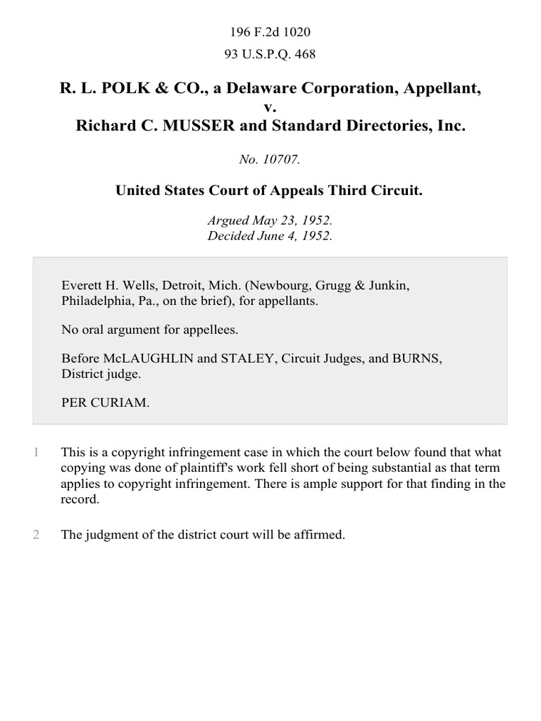 R. L. Polk & Co., A Delaware Corporation v. Richard C. Musser and ...