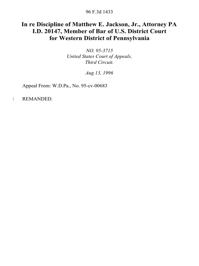 In Re Discipline of Matthew E. Jackson, JR., Attorney PA I.D. 20147 ...