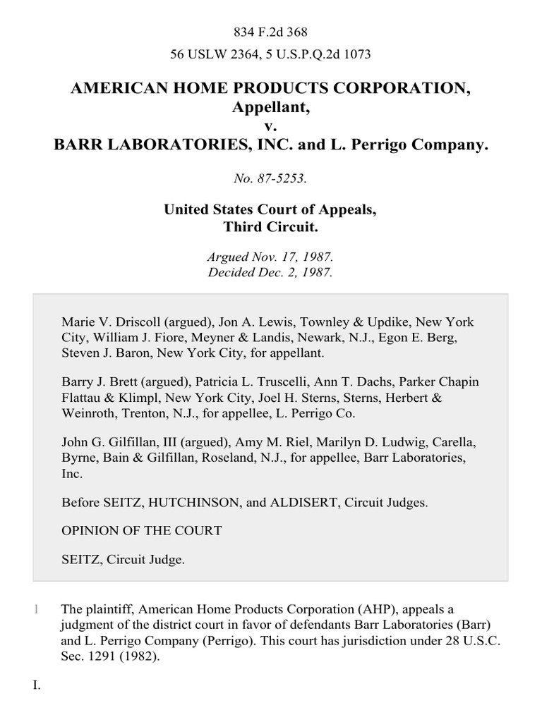 American Home Products Corporation v. Barr Laboratories, Inc. and L ...