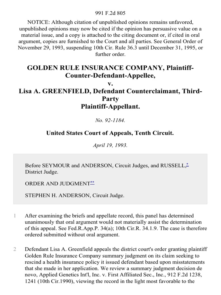 Golden Rule Insurance Company, Plaintiff-Counter-Defendant-Appellee v ...
