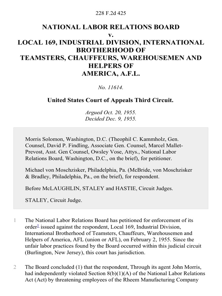 National Labor Relations Board v. Local 169, Industrial Division ...