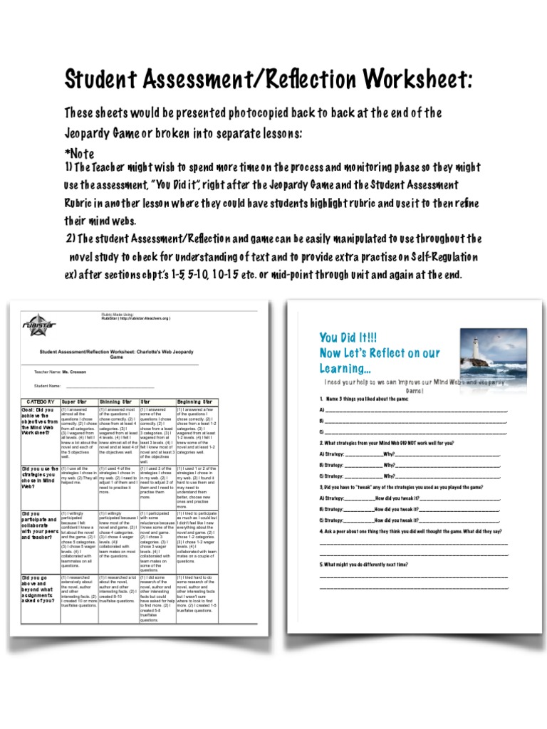 Student Assessment Reflecton Worsheet - Charlottes Web Jeopardy Game ...
