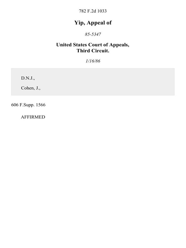 Yip, Appeal Of, 782 F.2d 1033, 3rd Cir. (1986) | PDF