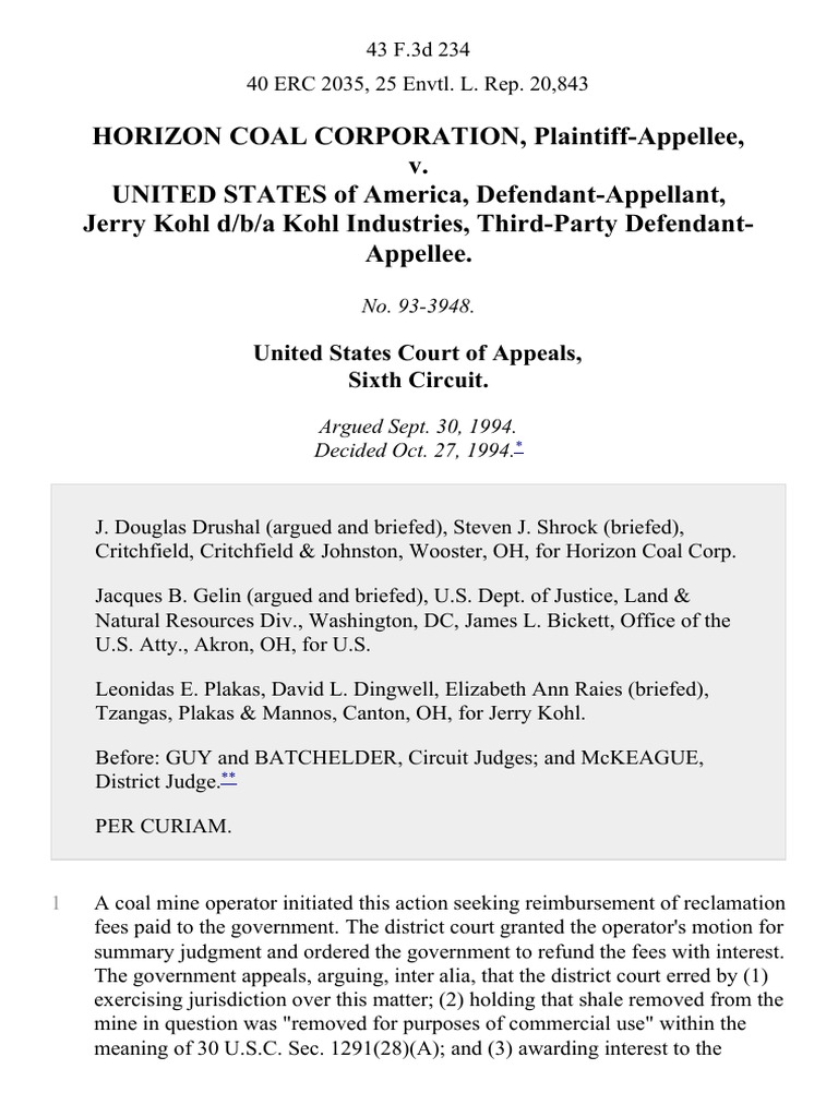 Horizon Coal Corporation v. United States of America, Jerry Kohl D/B/A ...